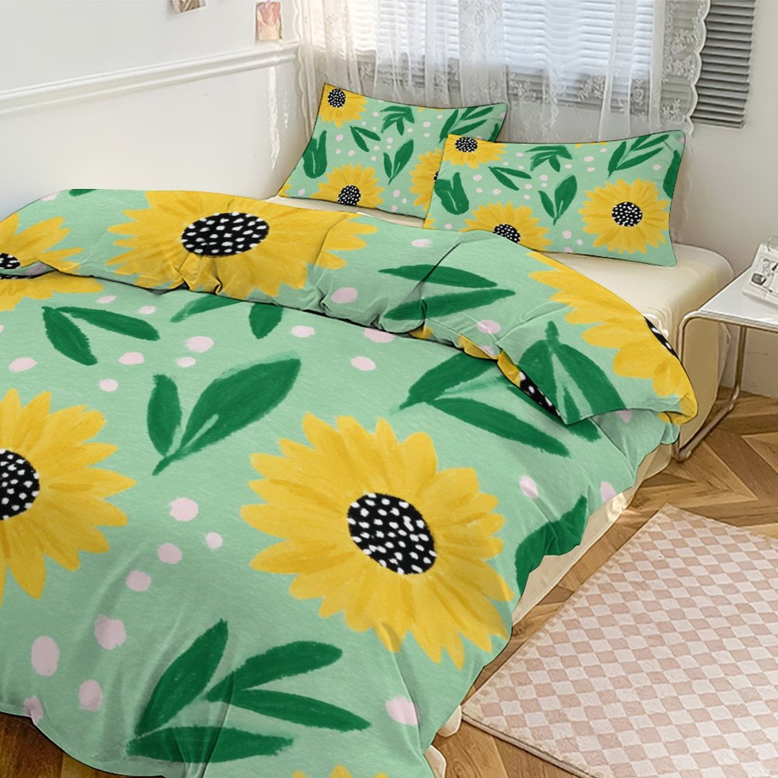 Duvet Cover Queen Size Happy Sunflowers Green Leafy Background 3 Pcs ...