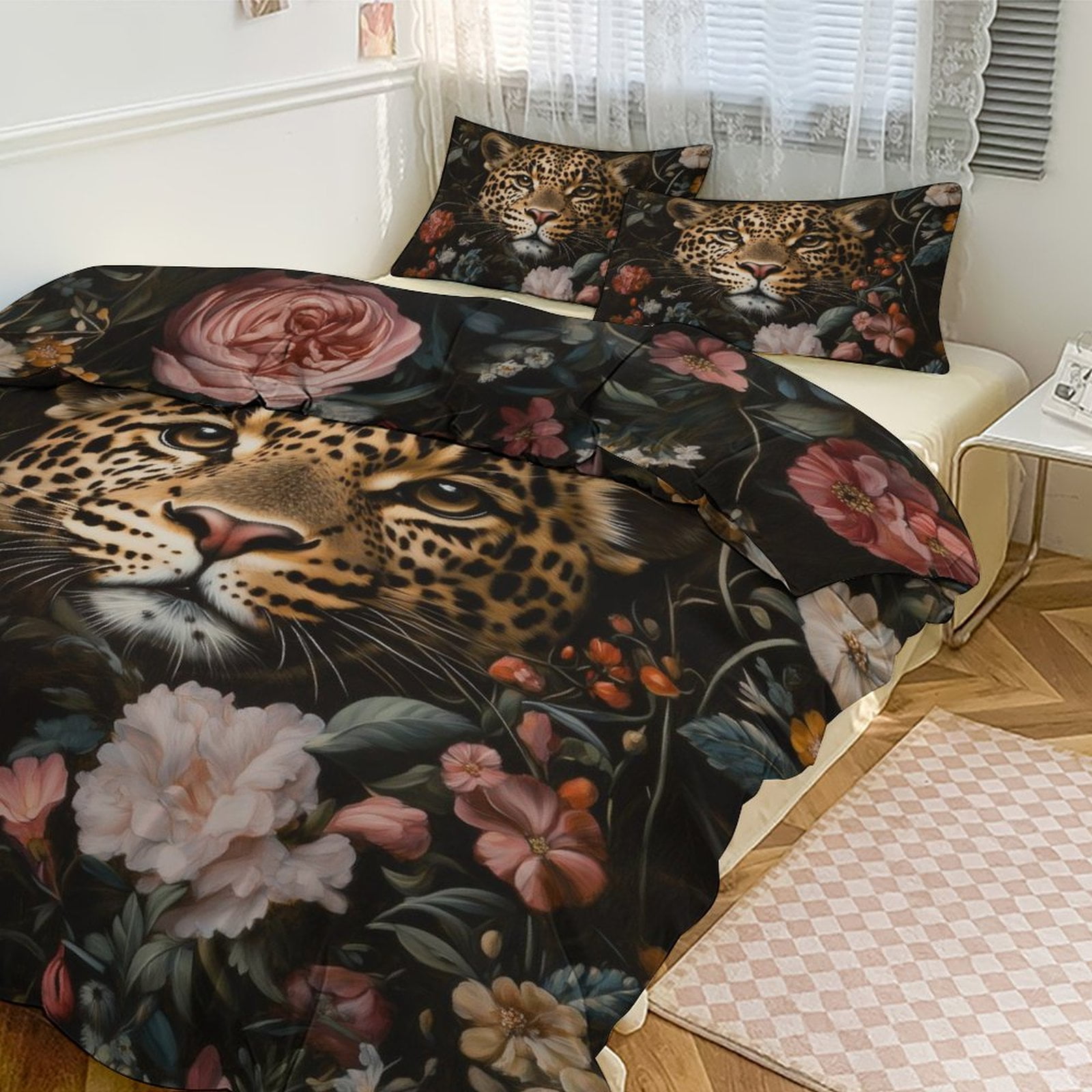 Duvet Cover Queen Size Leopard Lion Rose 3 Pcs Duvet Cover Set Bedding ...