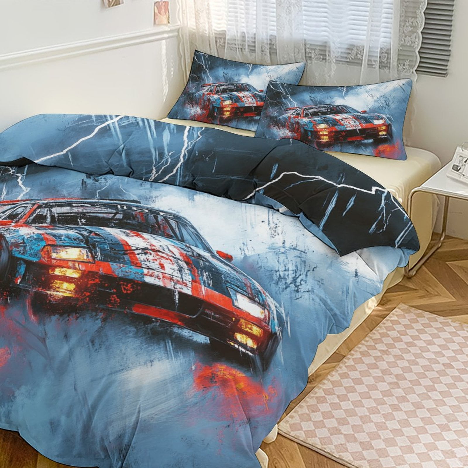 Duvet Cover Queen Size Lightning Pattern Race Car 3 Pcs Duvet Cover Set ...