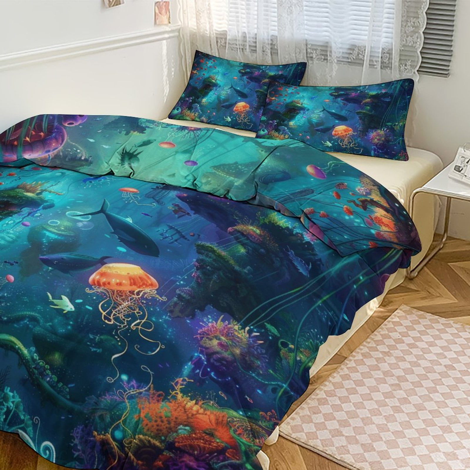 Duvet Cover Queen Size Marine Jellyfish 3 Pcs Duvet Cover Set Bedding Sets Queen Soft Breathable ...