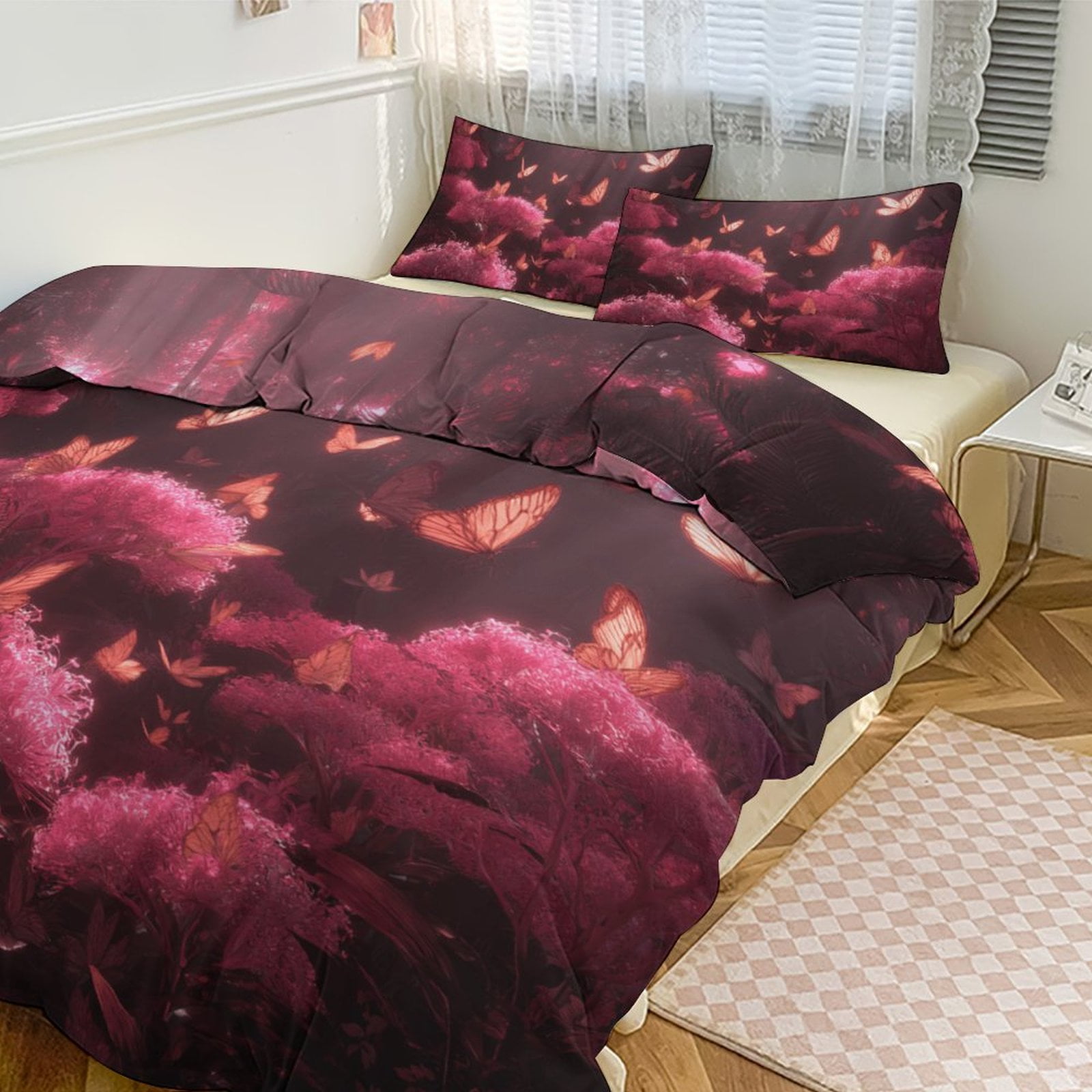 Duvet Cover Queen Size Pink Forest Butterflies Magical Dreamland 3 Pcs ...