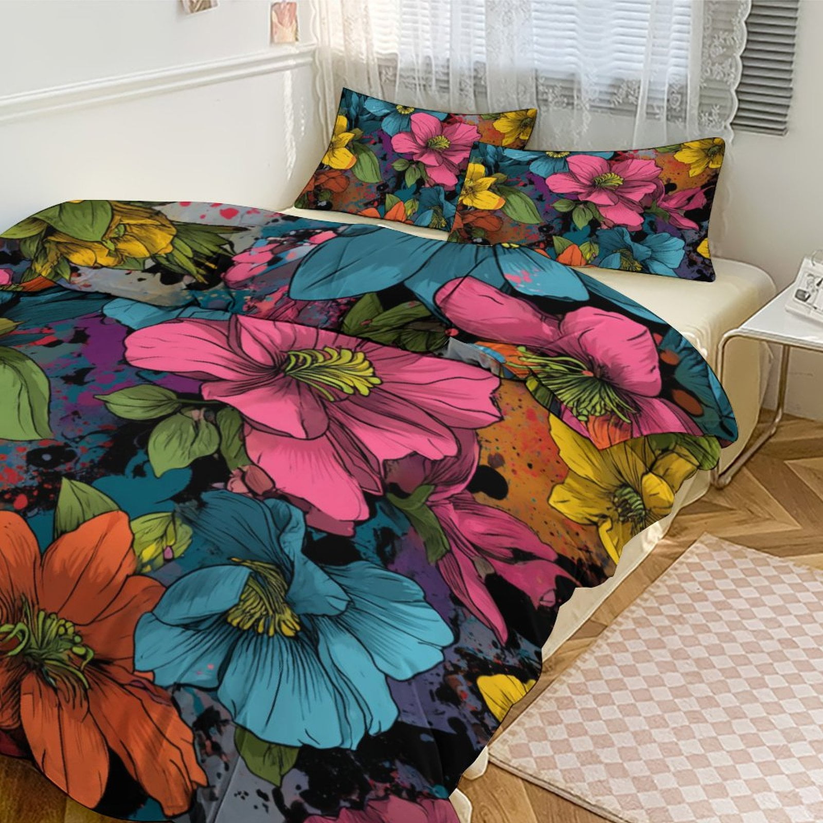 Duvet Cover Queen Size Vibrant Floral Grunge Seamless Pattern 3 Pcs ...