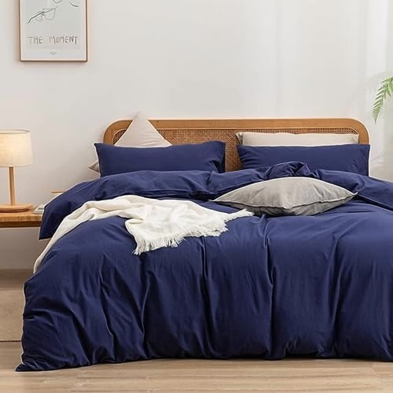 Duvet Cover Set 100% Washed Cotton Linen Feel Super Soft Comfortable ...