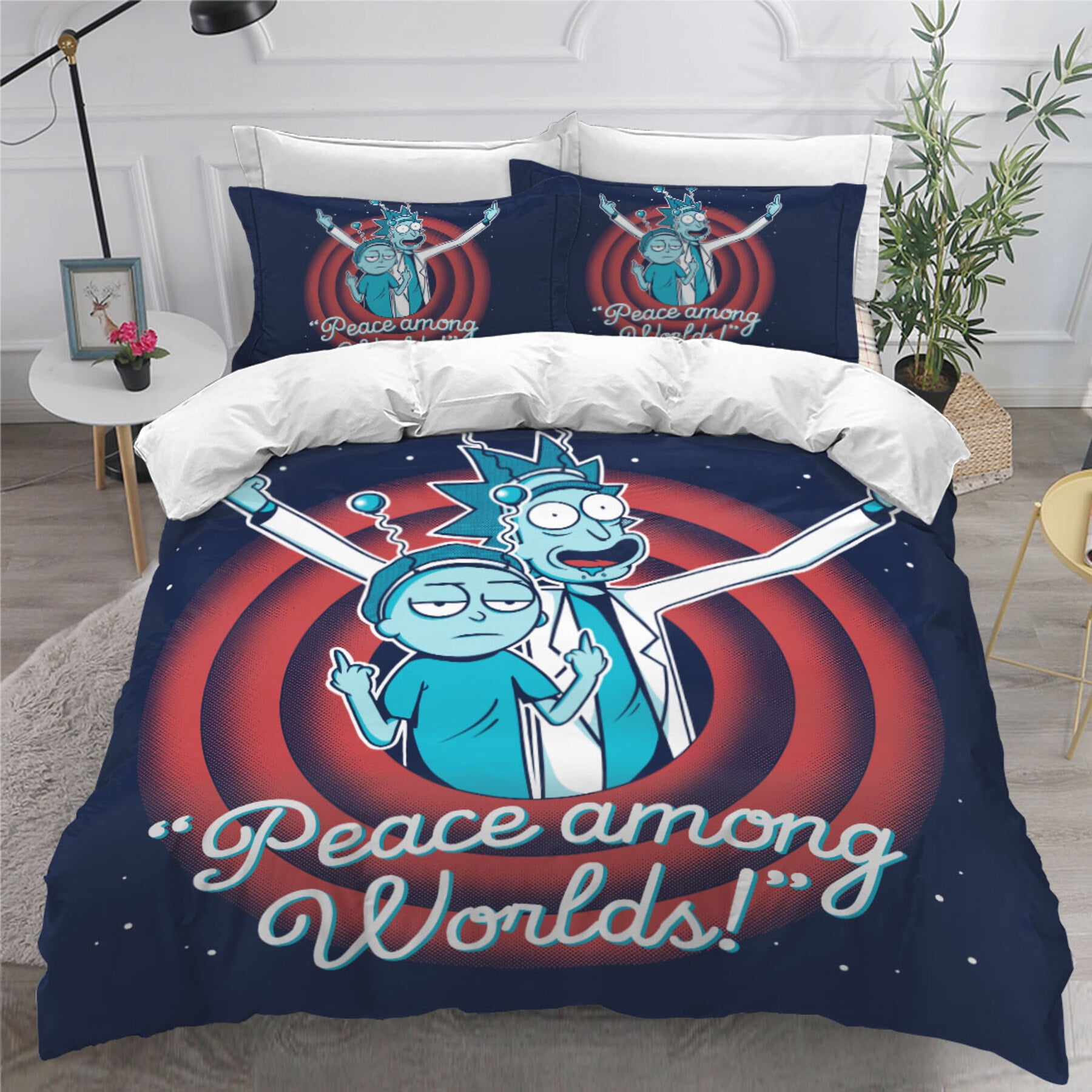 Duvet Cover Set Dark Blue Bedding with Iconic Characters & "Peace among ...