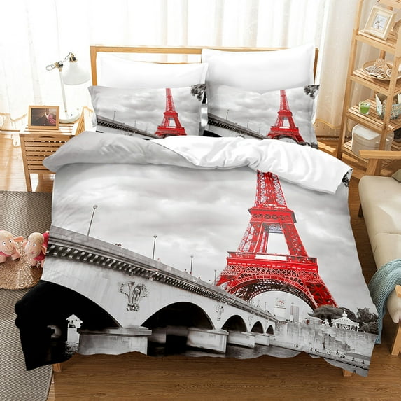 Duvet Cover Set,Floral Pariss Landmarks Eiffel Tower Hot Air Balloon ...