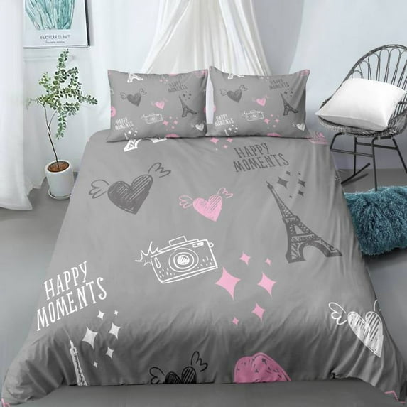 Duvet Cover Set,Floral Pariss Landmarks Eiffel Tower Hot Air Balloon ...