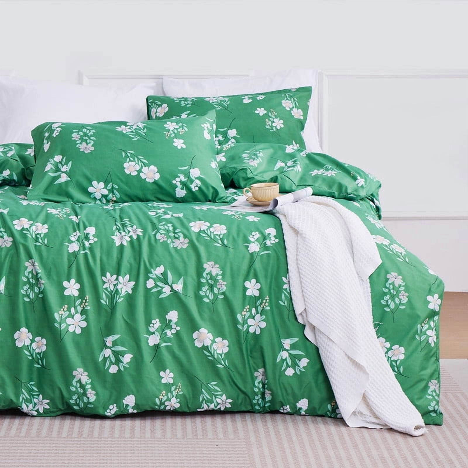 JUSTLET Duvet Cover Set, Queen Size, Green White Floral Pattern, Soft ...