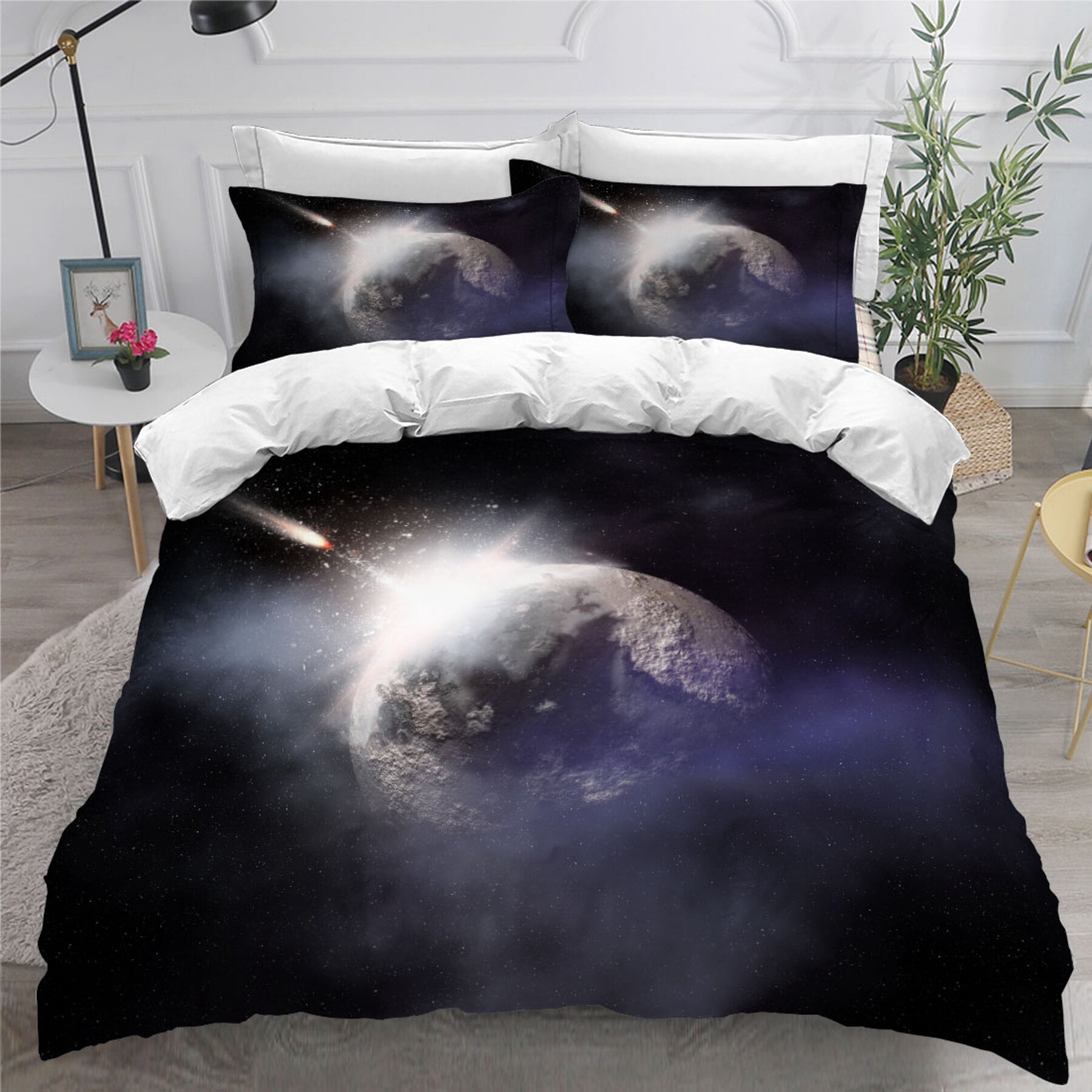 Duvet Cover Set Space Design with Earth & Comet Includes Crisp White ...
