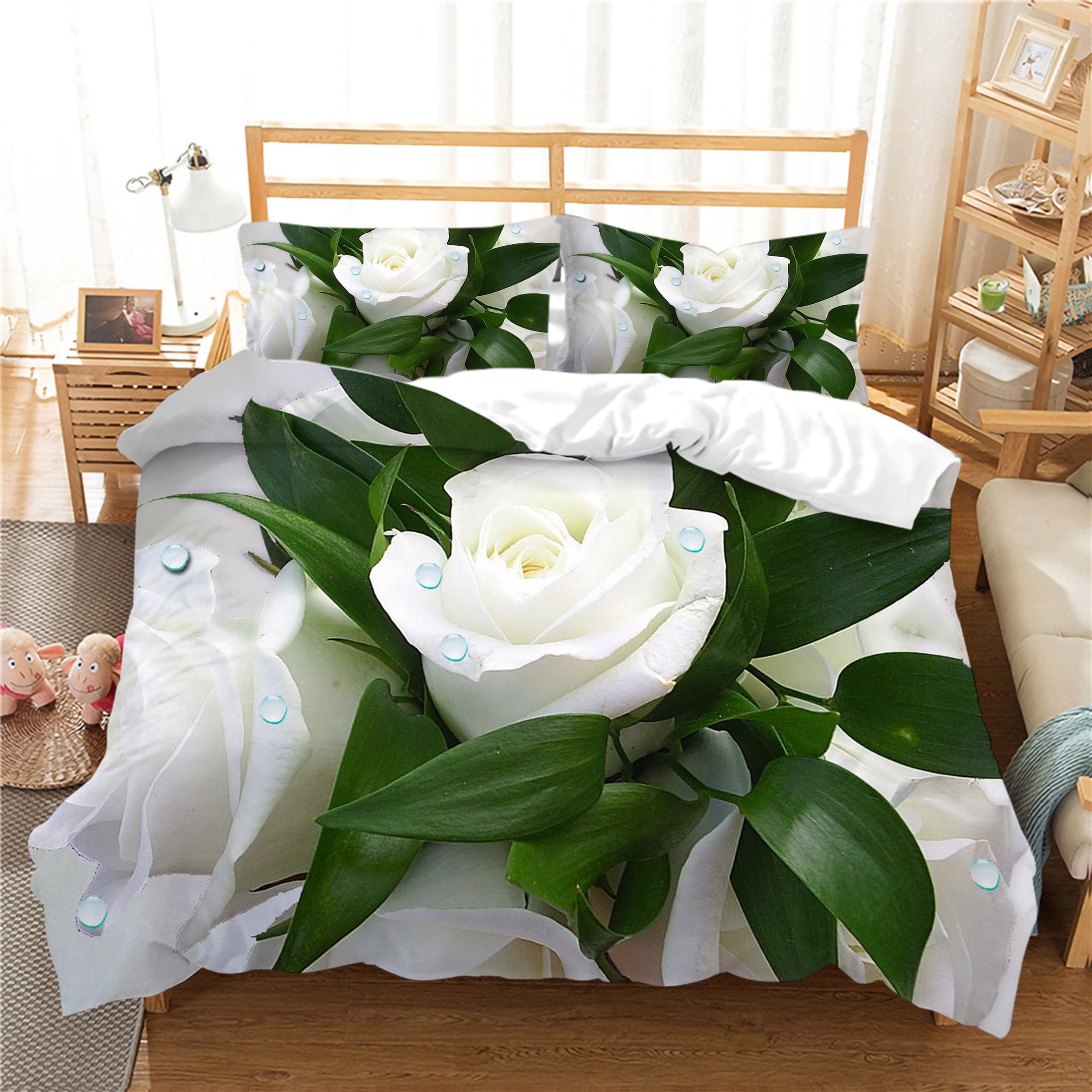 Duvet Covers 3D White Rose Printing Bedding Sets Microfiber Home ...