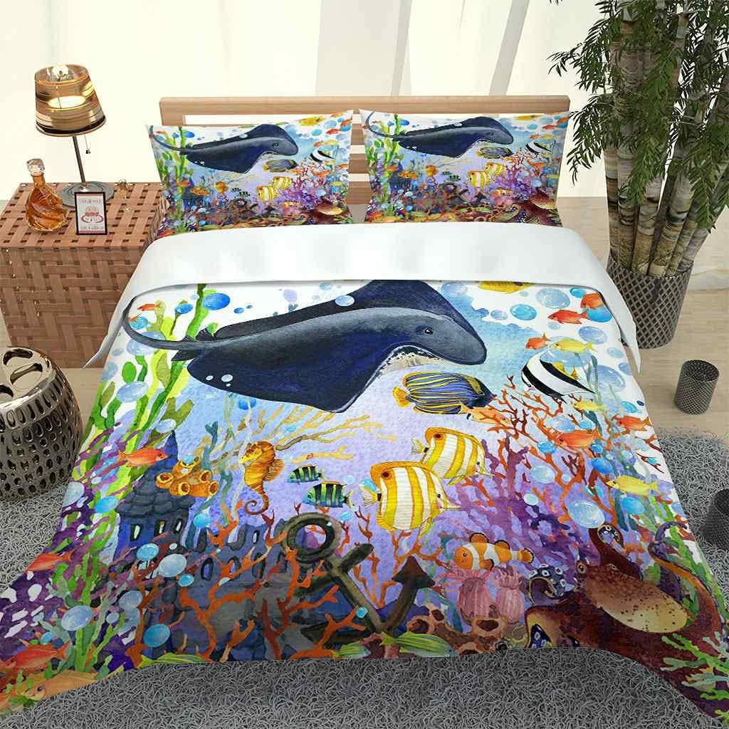 Duvet Covers - Washed Soft Quilt Cover Set 3 Pieces Blue Ocean Shark ...