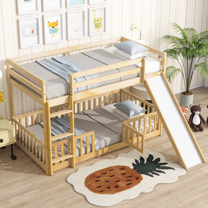 Duxelifin Floor Bunk Bed Twin over Twin with Slide, Wood Loft Bunk Bed ...