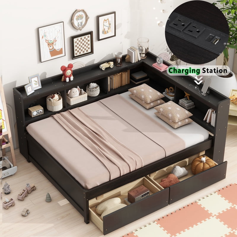 Duxelifin Full Size Corner Bed Frame with Built-In Bookcase Storage ...