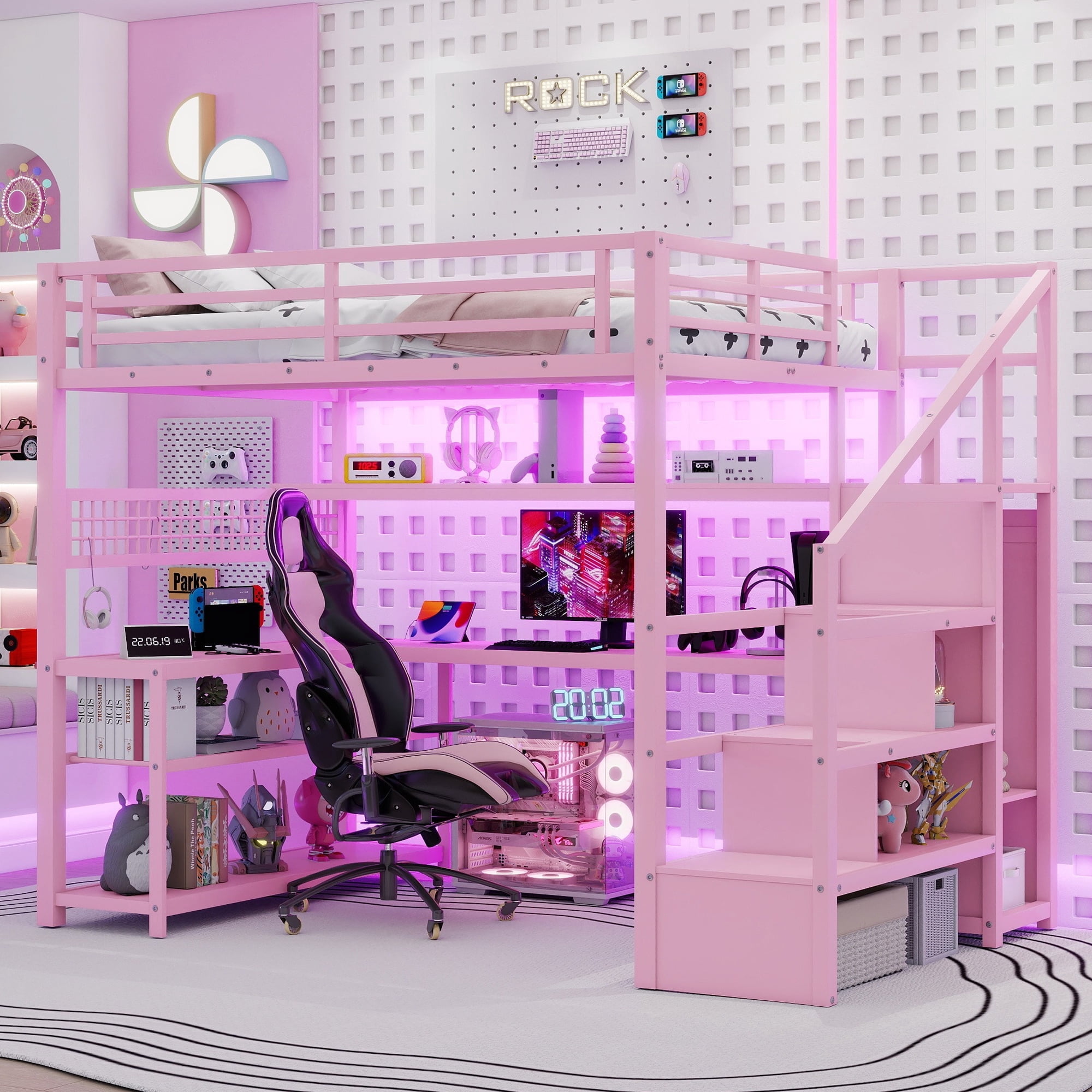 Mirightone, Full Size Loft Bed with LED Light and Stairs, Pink ...