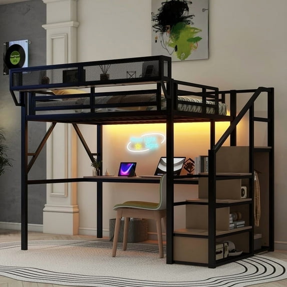 Mirightone Full Size Loft Bed with Stairs, Metal Loft Bed Frame with ...