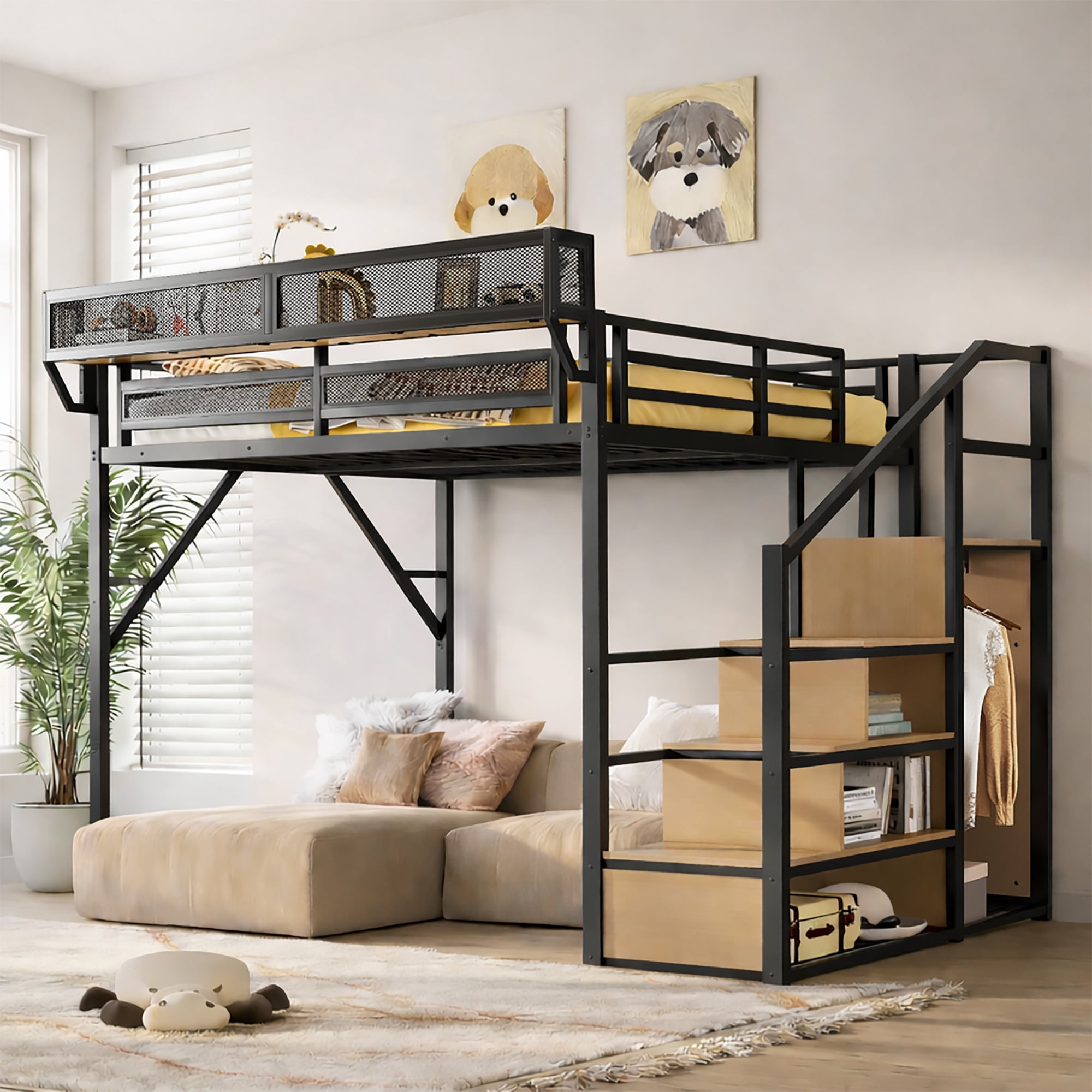 Mirightone, Loft Bed with Stairs & Storage, Queen Size, Black - Walmart.com
