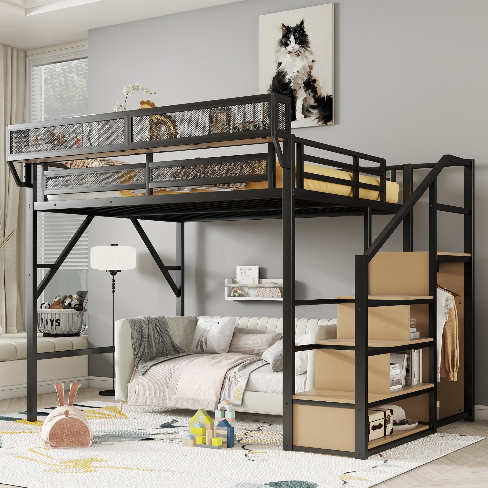 Duxelifin Queen Size Loft Bed with Stairs & Storage, Metal Loft Bed for ...