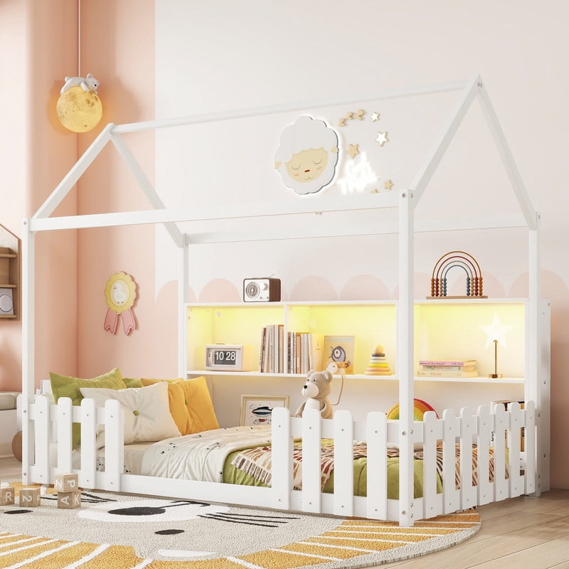 Duxelifin House Bed for Kids, Twin Floor Bed with High Rails & Storage ...