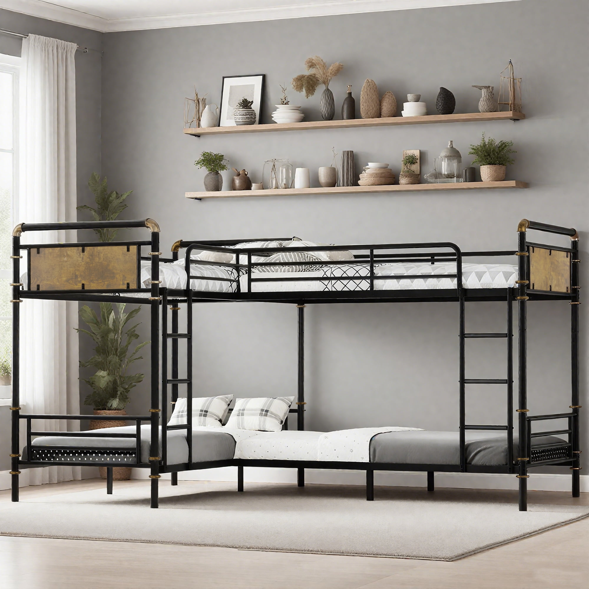 Duxelifin L-Shaped Quad Bunk Bed for 4 Kids, Metal Convertible to 3 ...