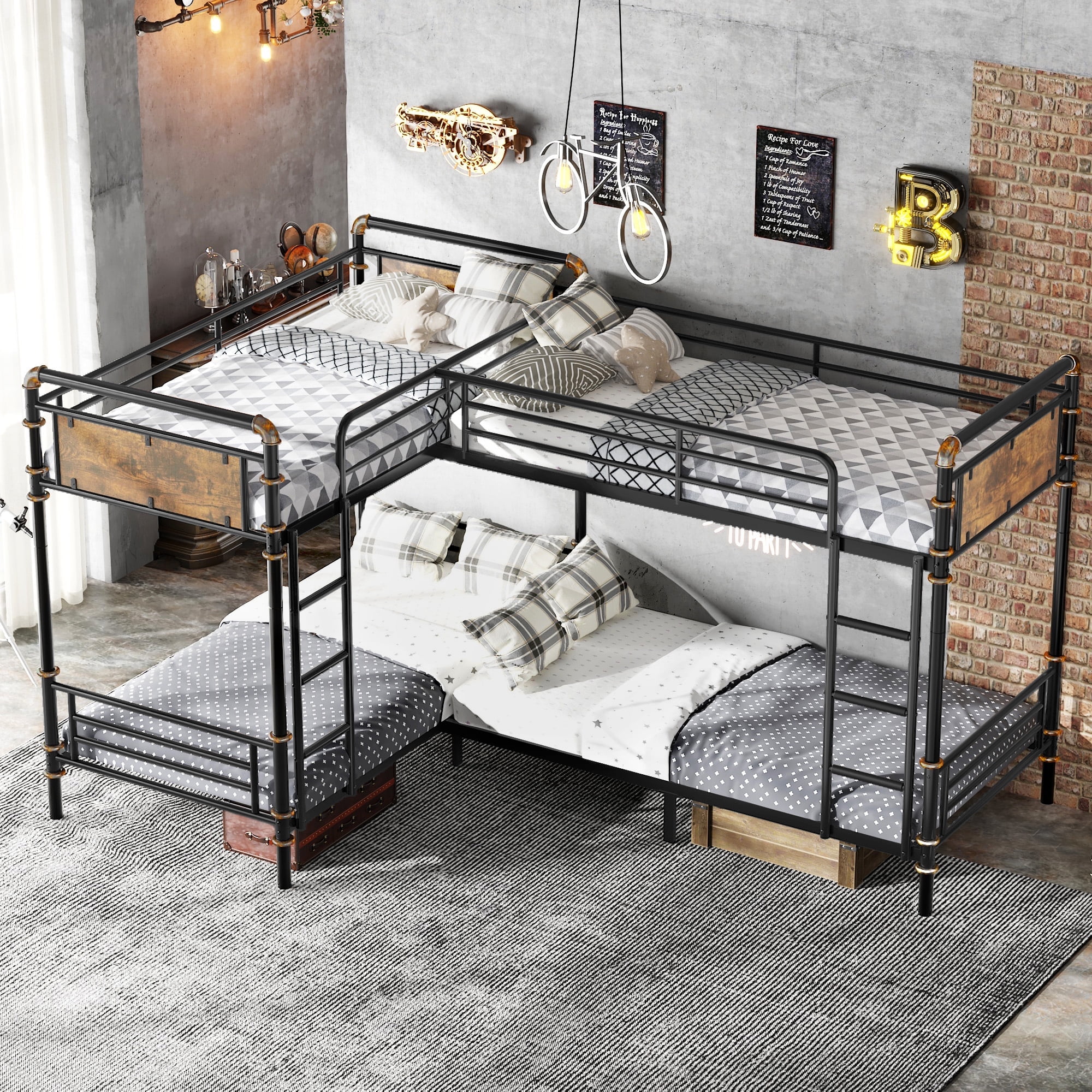 Duxelifin L-Shaped Quad Bunk Bed for 4 Kids, Metal Convertible to 3 ...
