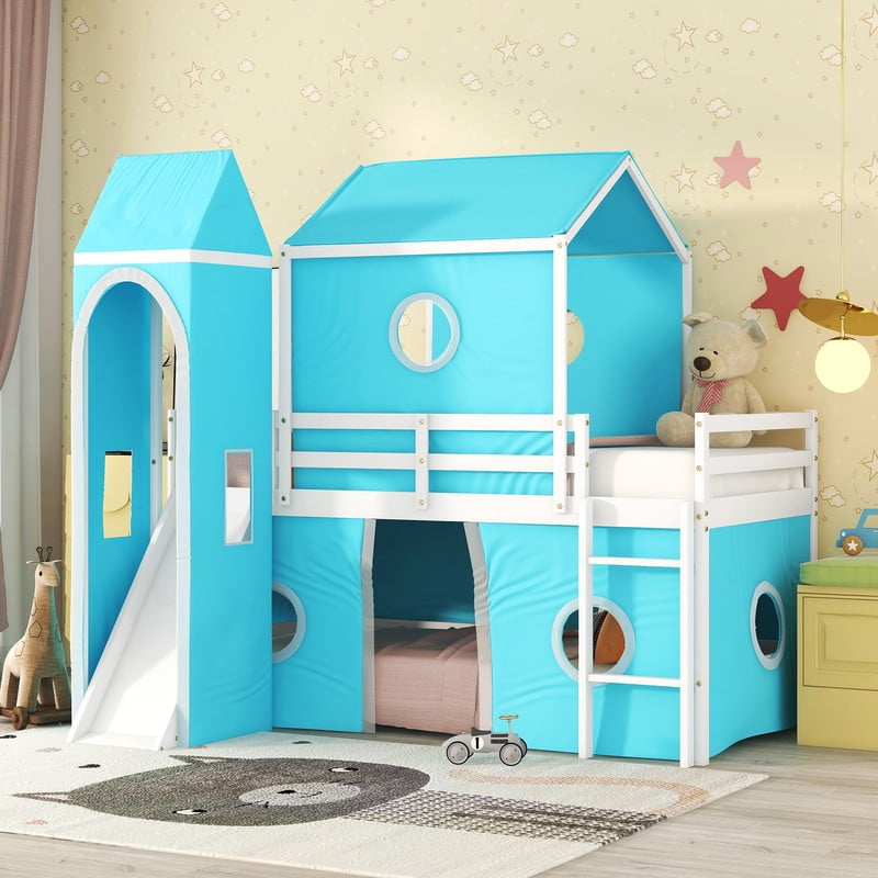 Duxelifin Prince Castle Loft Bed with Slide, Wood House Loft Bed with ...