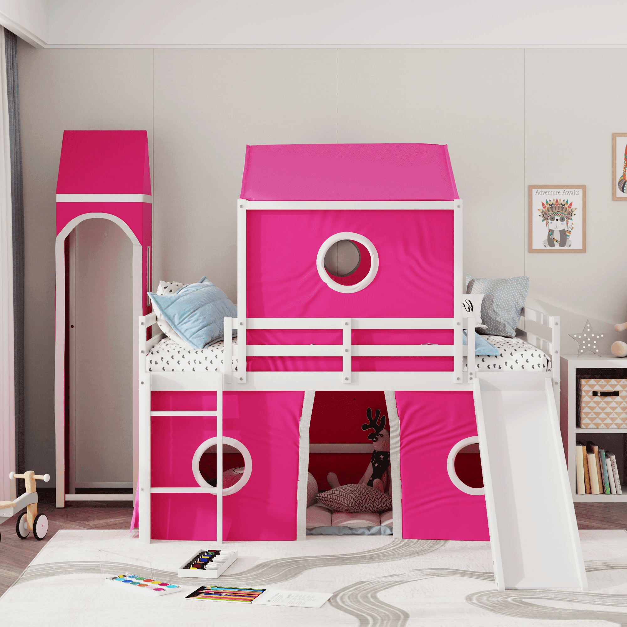Duxelifin Princess Castle Loft Bed with Slide, Wood House Loft Bed with ...