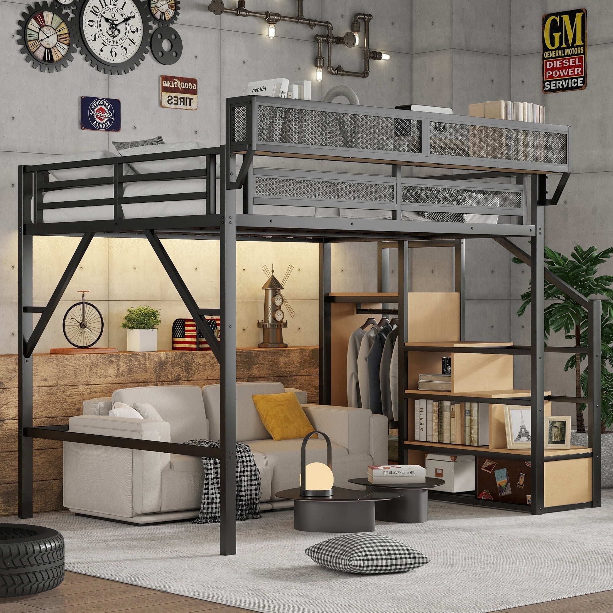 Mirightone Queen Size Loft Bed with Stairs, Heavy-Duty Metal Loft Beds ...