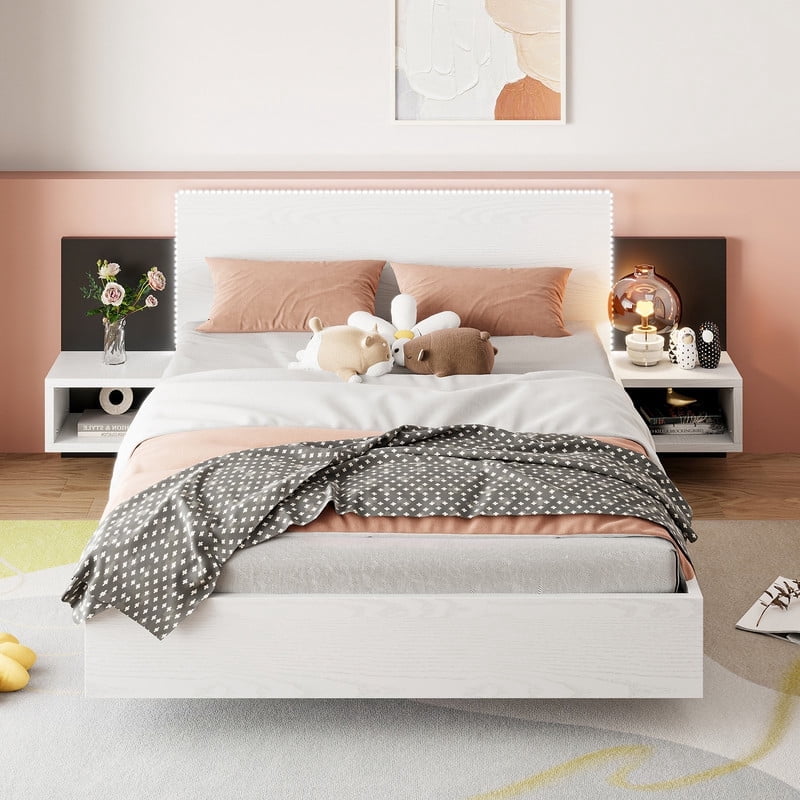 Duxelifin Queen Visual Floating Bed with LED Lights, Wooden Platform ...