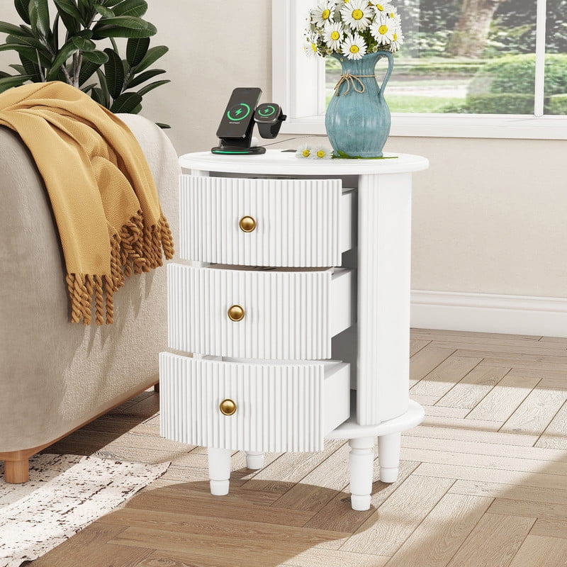 Duxelifin Round End Table with Charging Station, 3-Drawer End Table ...