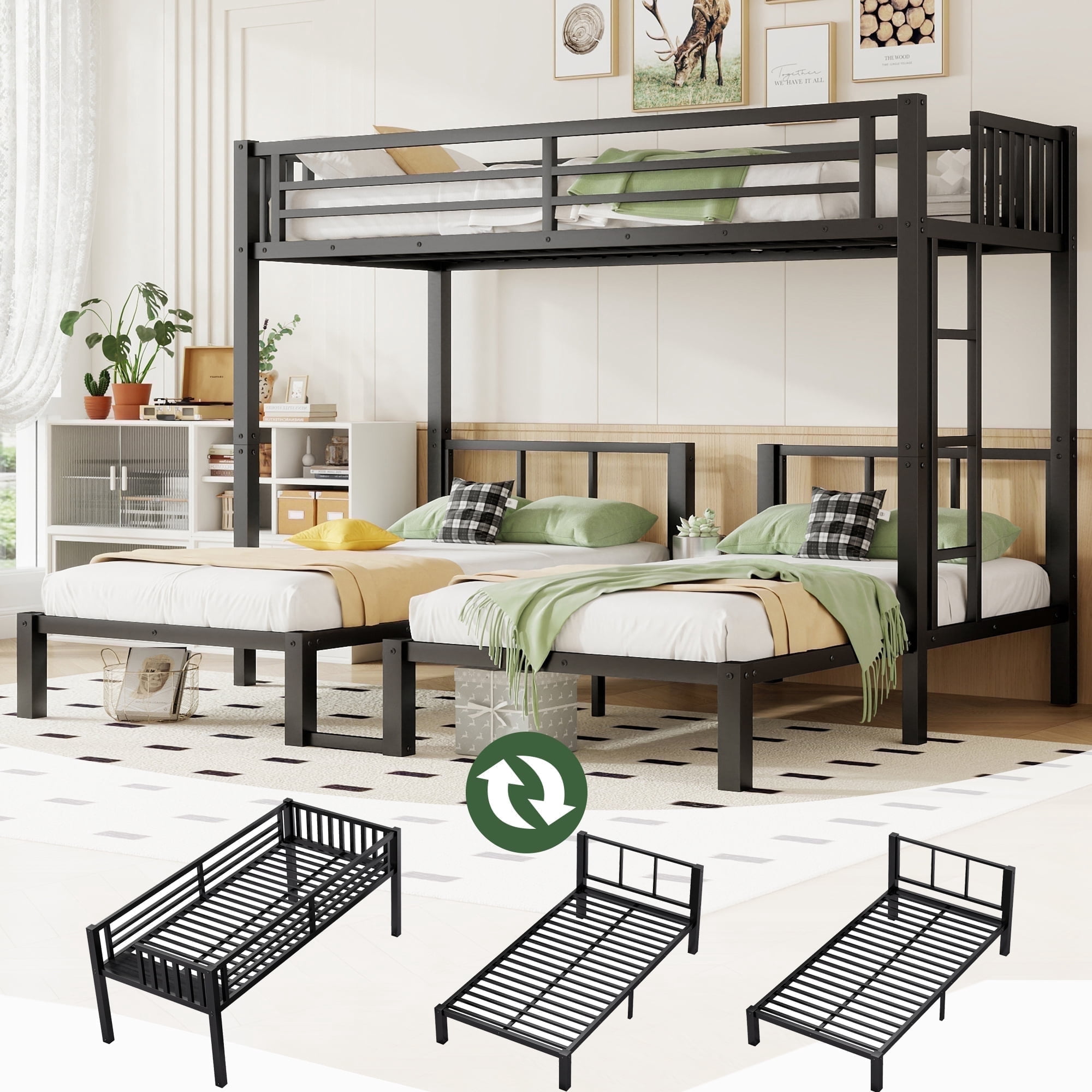Duxelifin Triple Bunk Bed for 3, Metal 3 Bed Bunk Bed with Guardrail ...