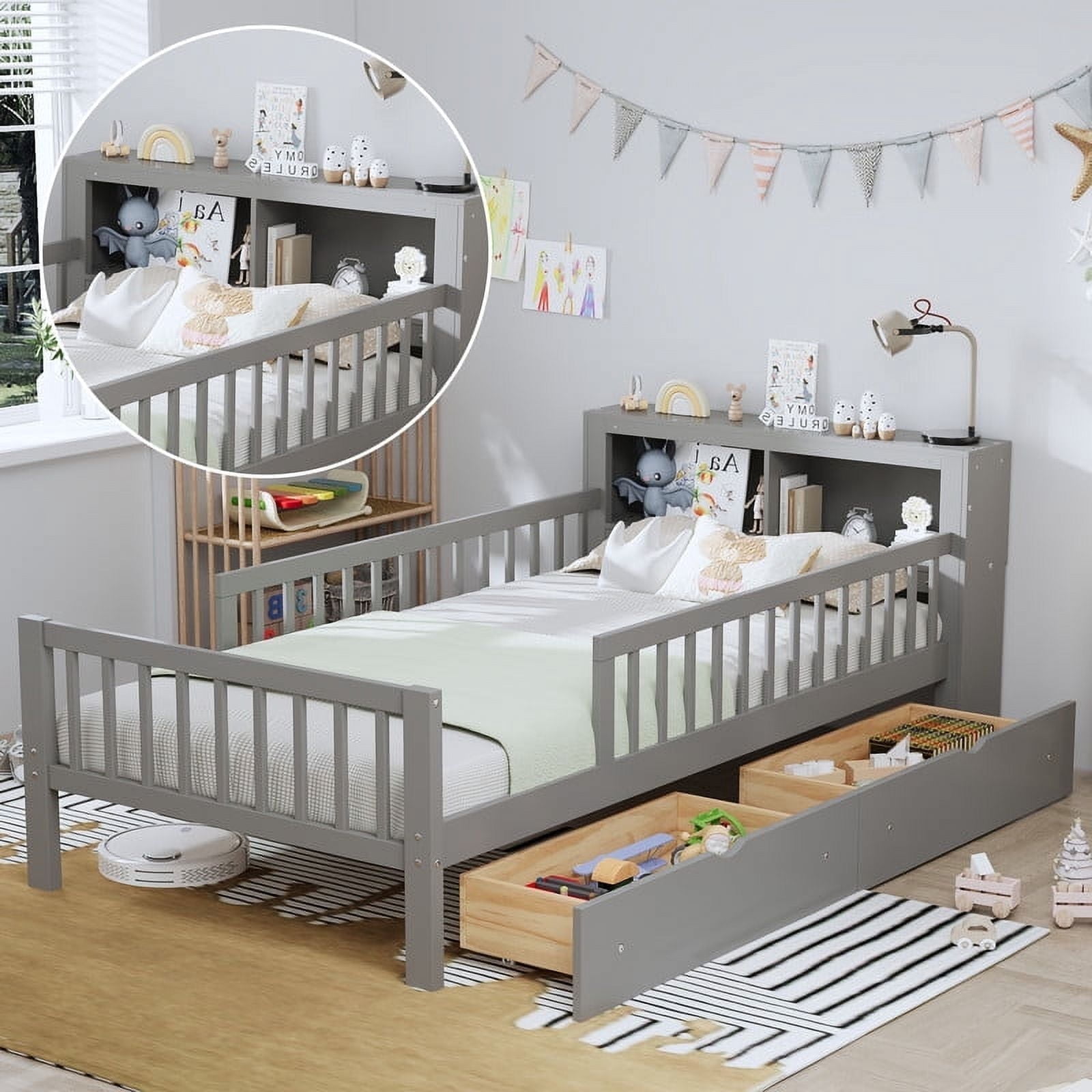 Duxelifin Twin Size Bed With Storage Solid Wood Platform Safe