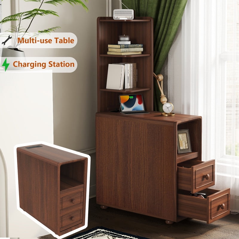 Duxelifin Walnut Tall End Table with 2AC+2USB, Drawers & Detachable ...
