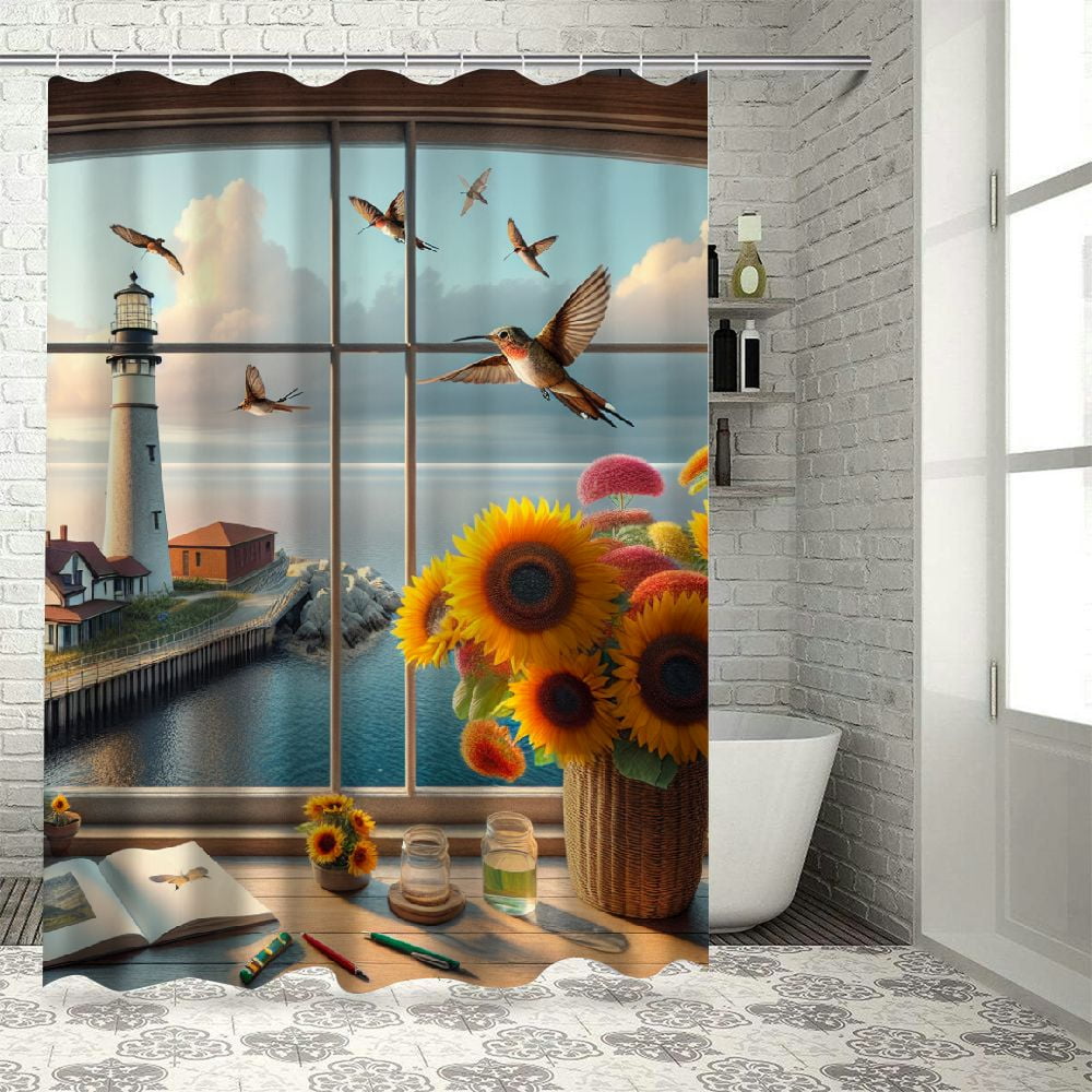 Dvbnli Rustic Sunflowers Fabric Shower Curtain Seaside Scenery Print