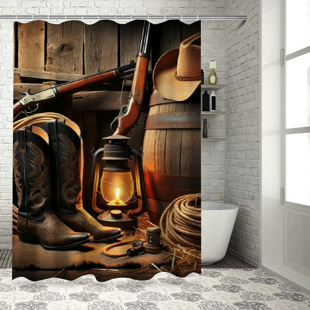 Dvbnli Shower Curtain West Hat Boots Rustic Farmhouse Wooden Board