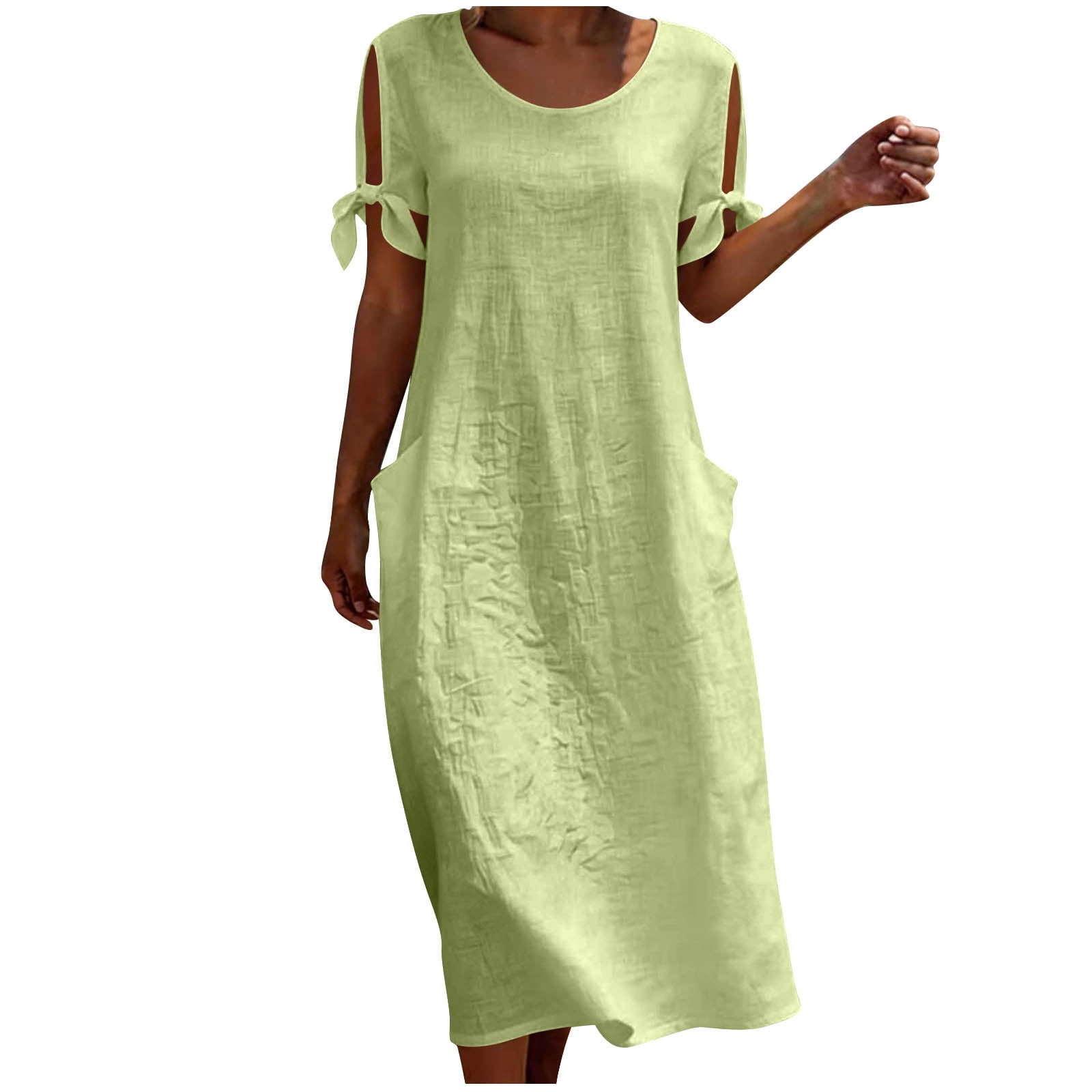 Dvprdro Crewneck Short Sleeve Cotton Linen Midi Dress for Women Side ...