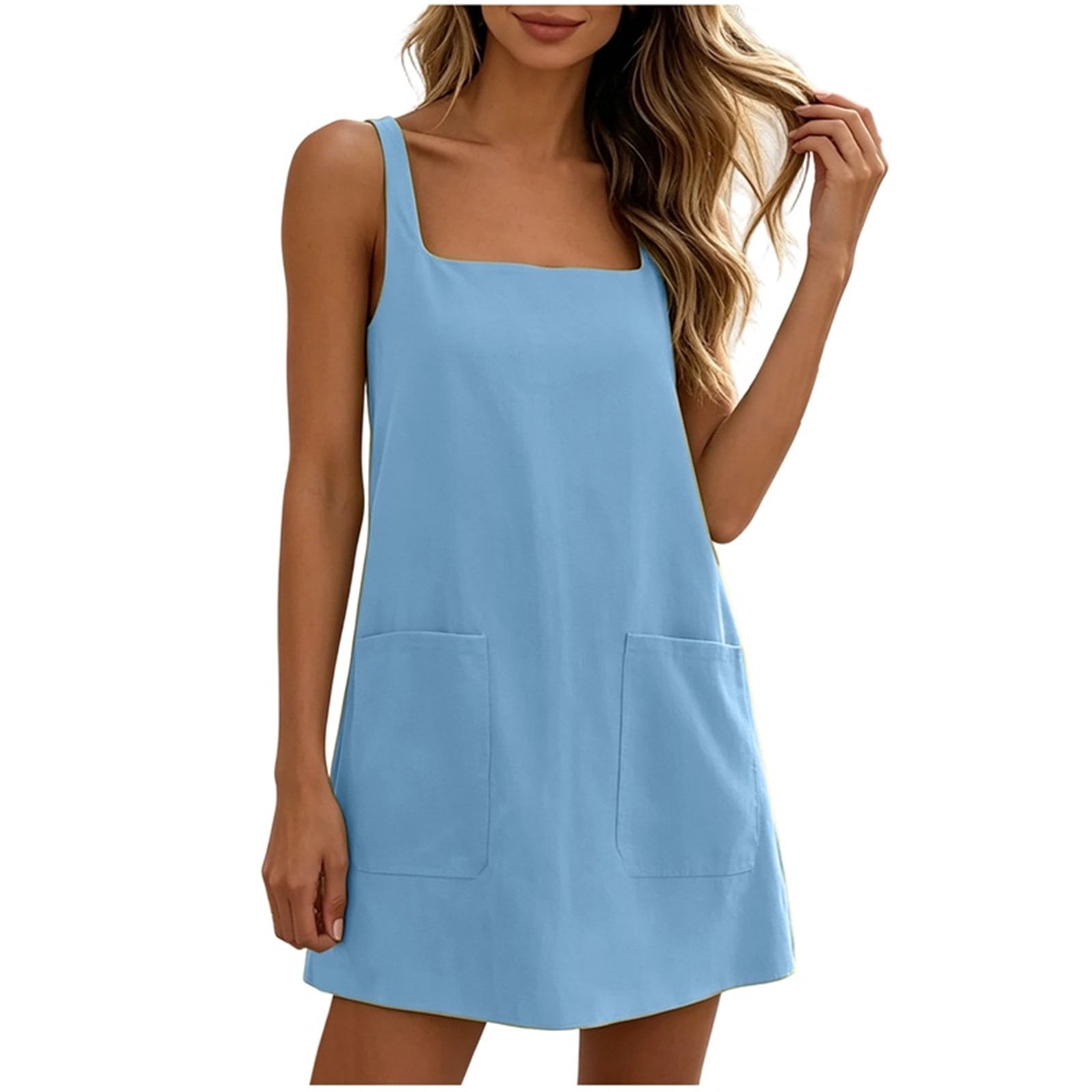 Dvprdro Open Neck Sleeveless Back Zipper Side Pockets Loose A Line Mini ...