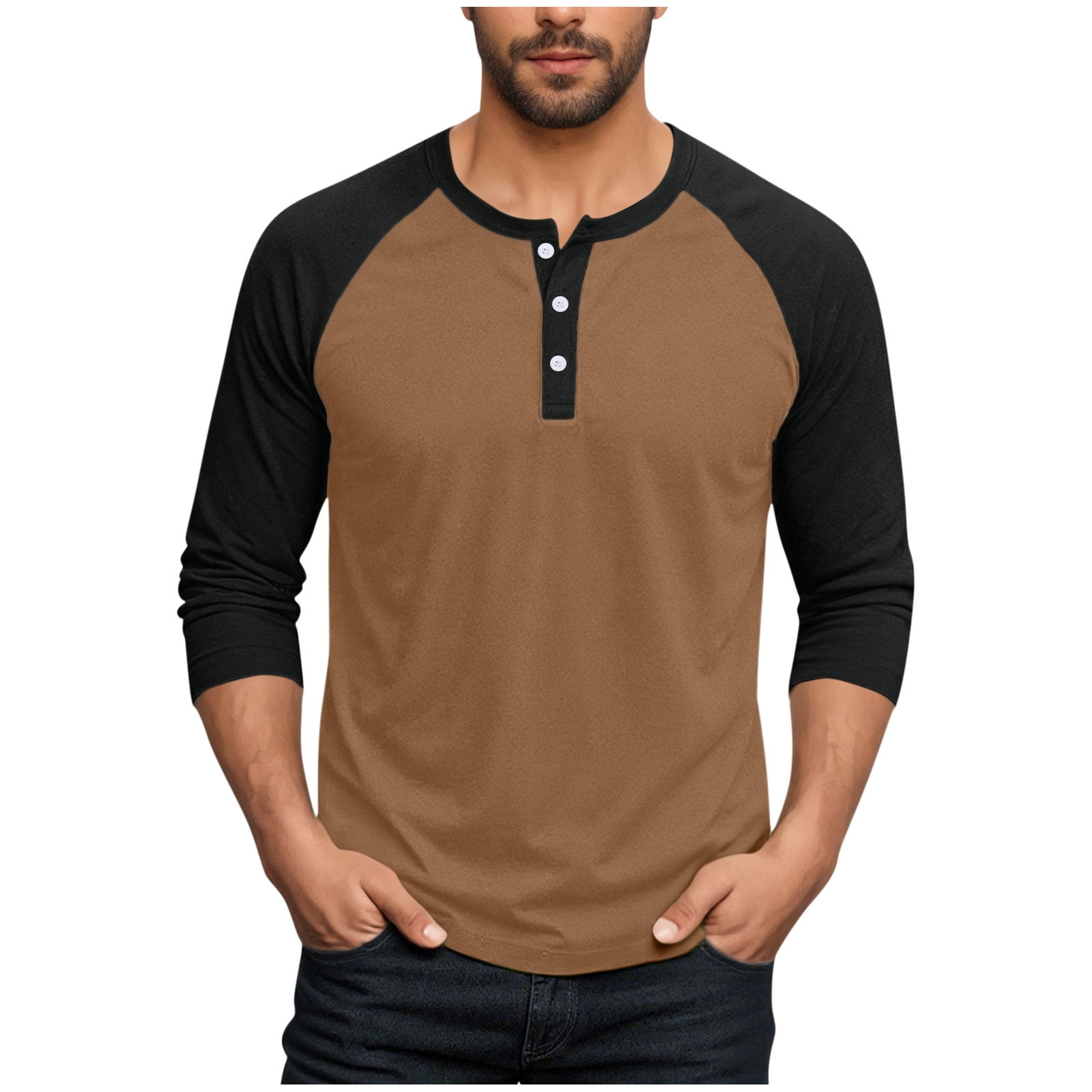 Dvprdro Plus Size Blouse for Men Trendy Color Block Buttons Crew Neck ...