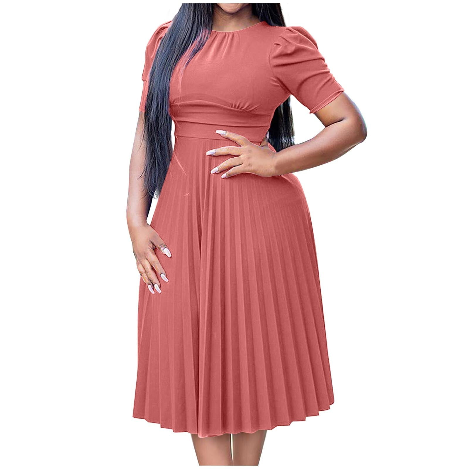 Dvprdro Summer Tiered Pleated Dress for Women Trendy Solid Round Neck ...