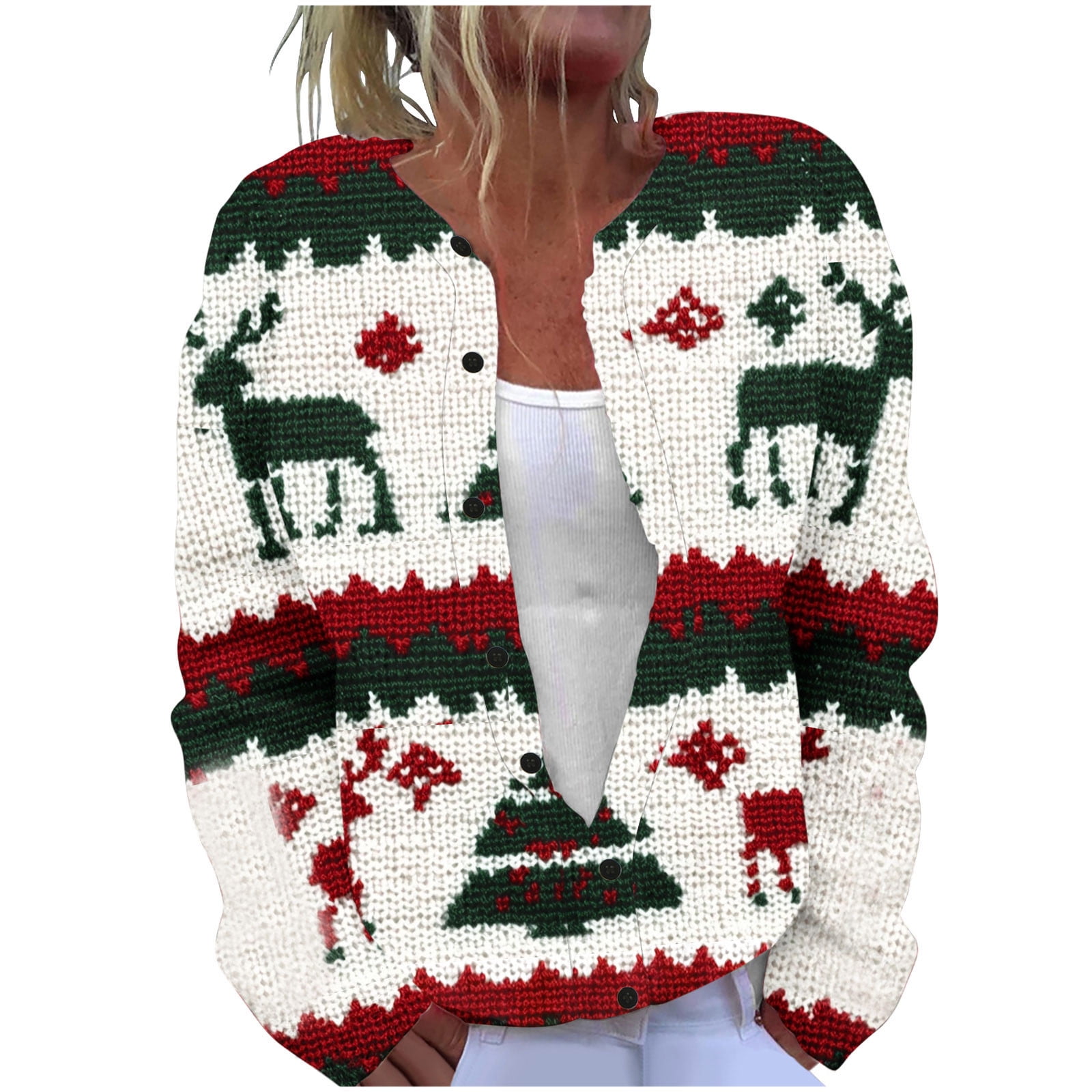 Dvprdro Women Christmas Print Sweaters Plus Size Button Down Cardigan Casual Long Sleeve Knit ...