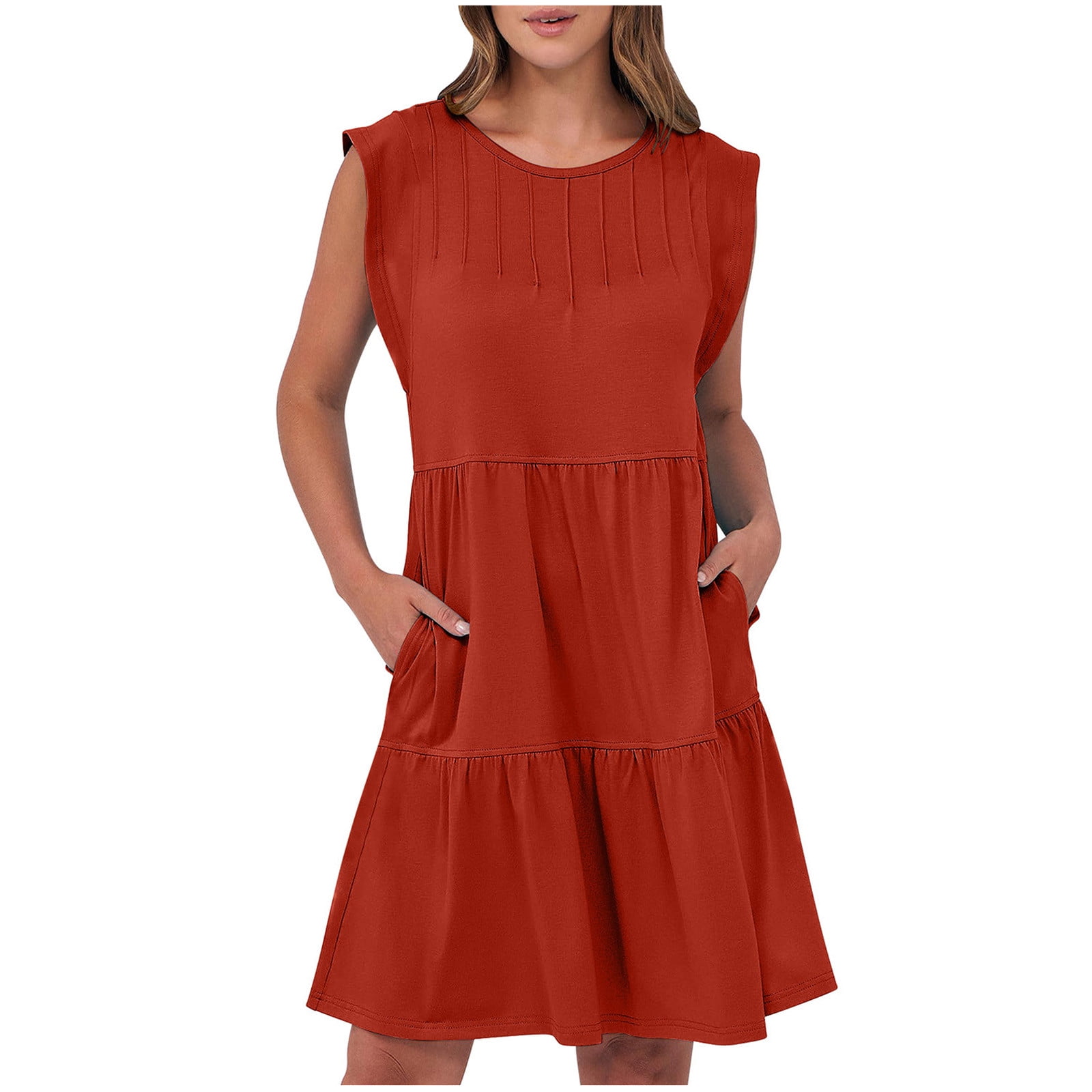Dvprdro Women Summer Sundress Fashion Solid Crew Neck Sleeveless Tiered ...