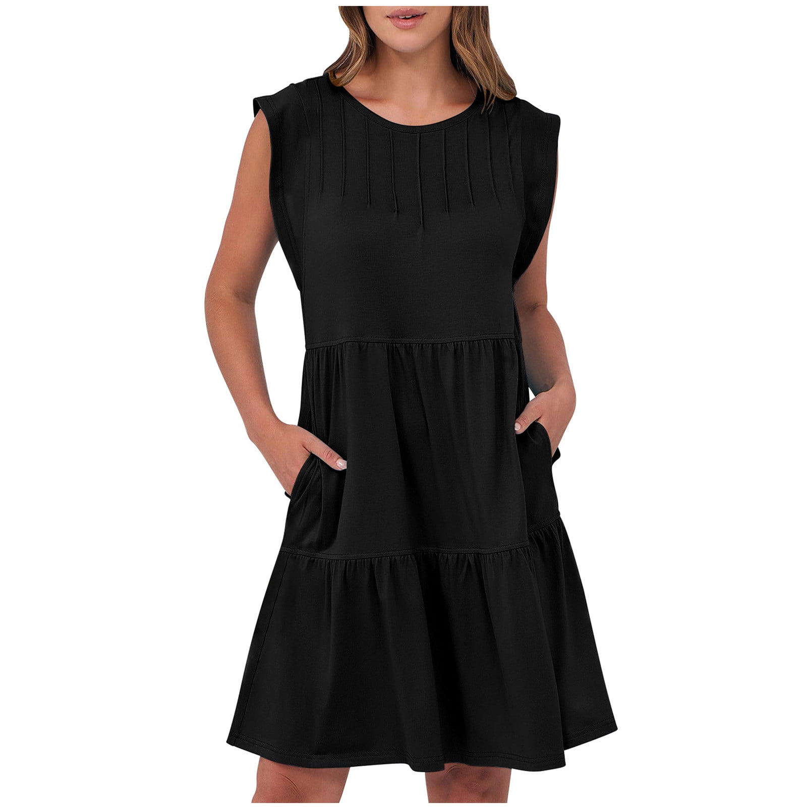 Dvprdro Women Summer Sundress Fashion Solid Crew Neck Sleeveless Tiered ...