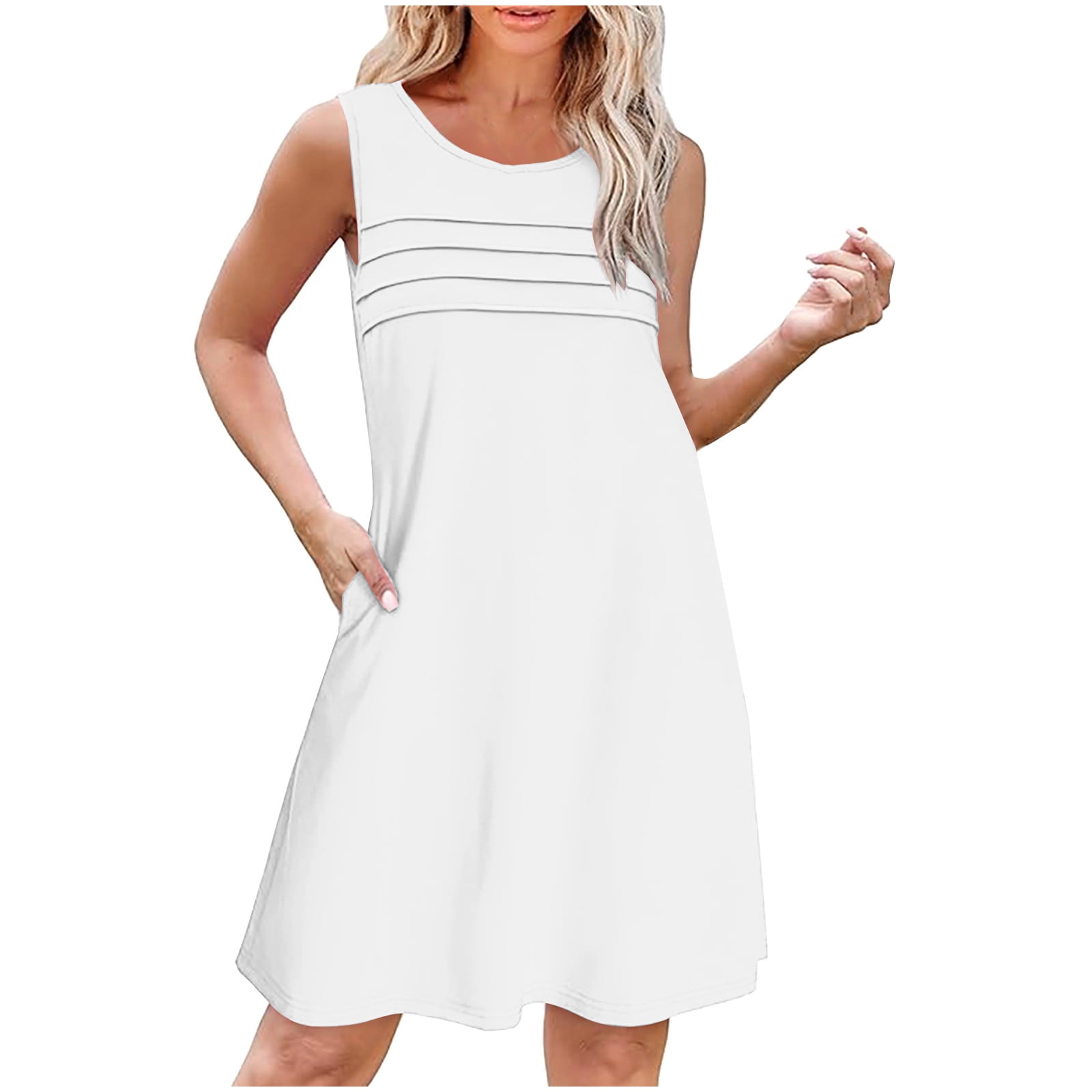 Dvprdro Women Summer Tank Dress Fashion Solid Crew Neck Sleeveless ...