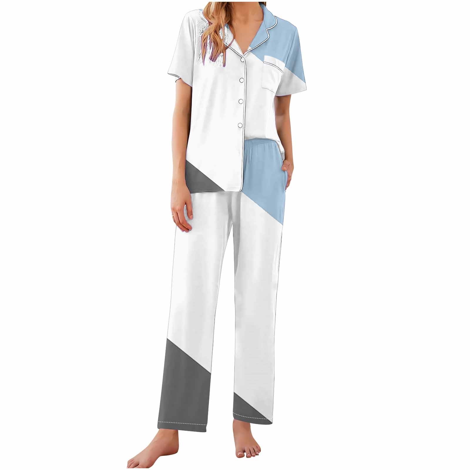 Dvprdro Women's Button Down Pajama Sets Soft Comfy Color Block Printed ...