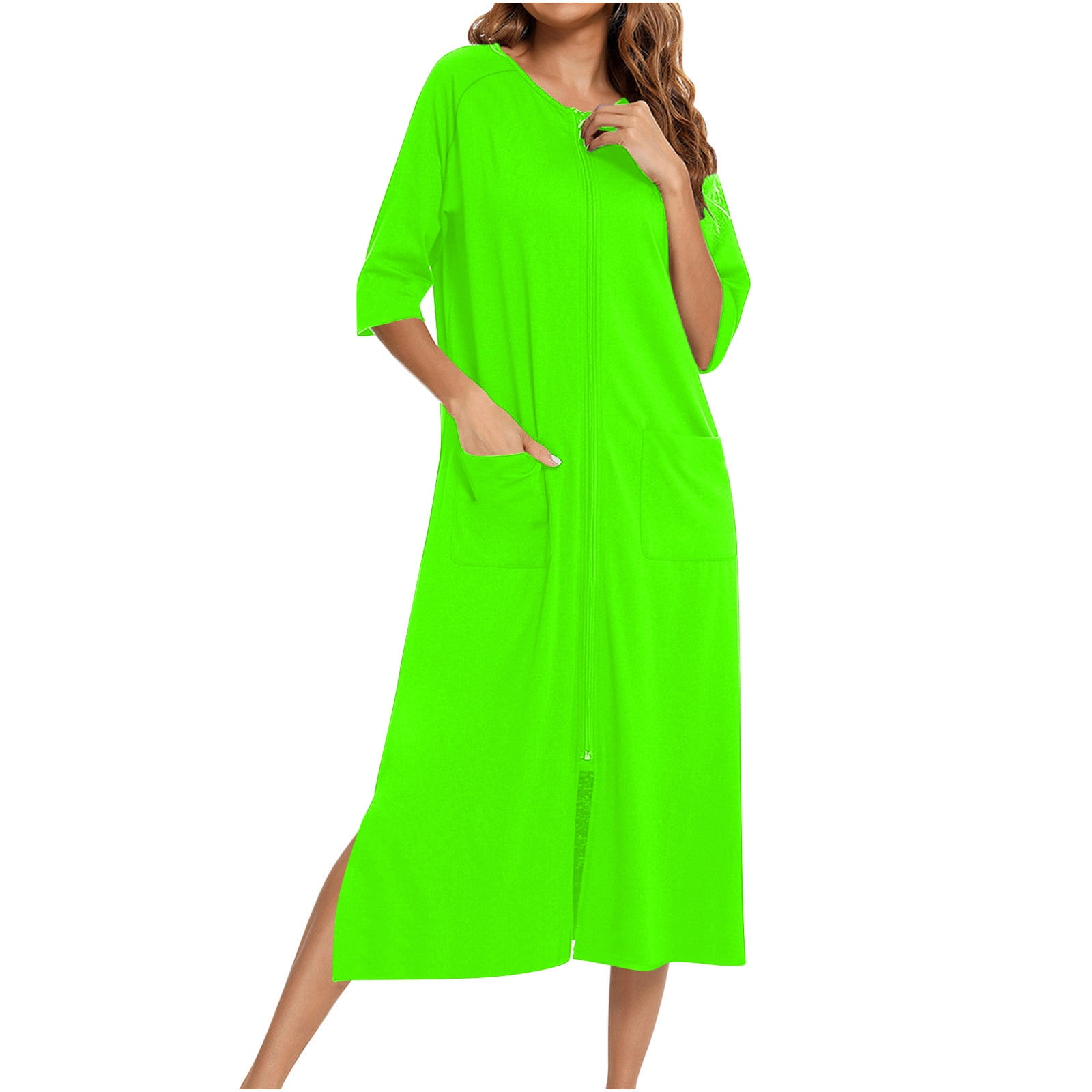 Dvprdro Women's Casual Zip Up Sleepshirt Dress Oversized Crew Neck 3/4 ...
