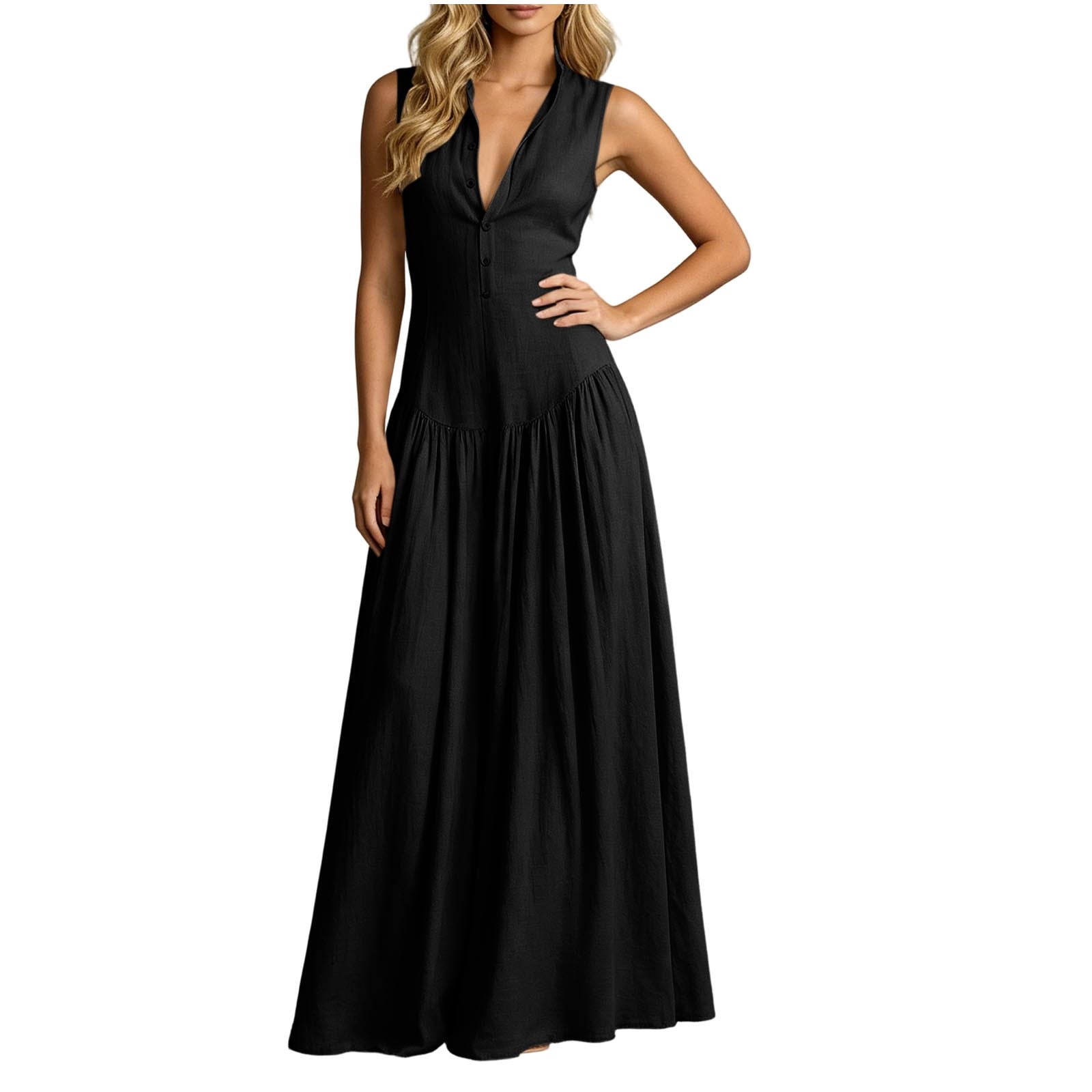 Dvprdro Womens Casual Beach Maxi Dress Mandarin Collar Sleeveless ...