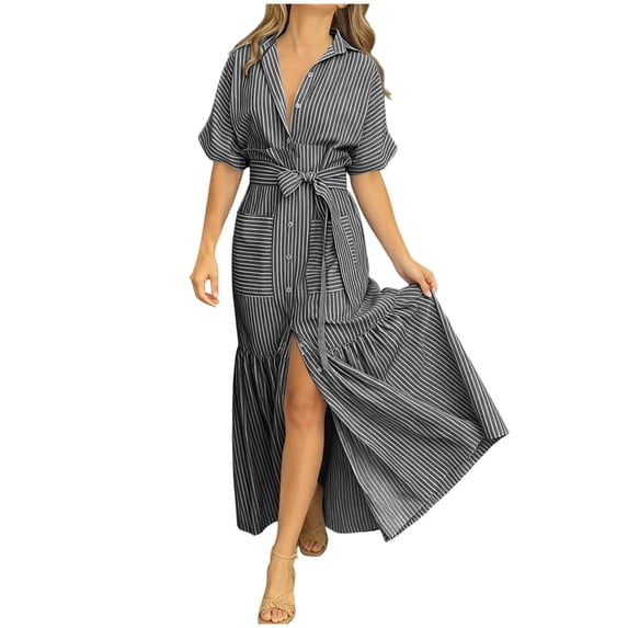 Dvprdro Womens Casual Beach Maxi Dress Striped Collared Short Sleeve ...