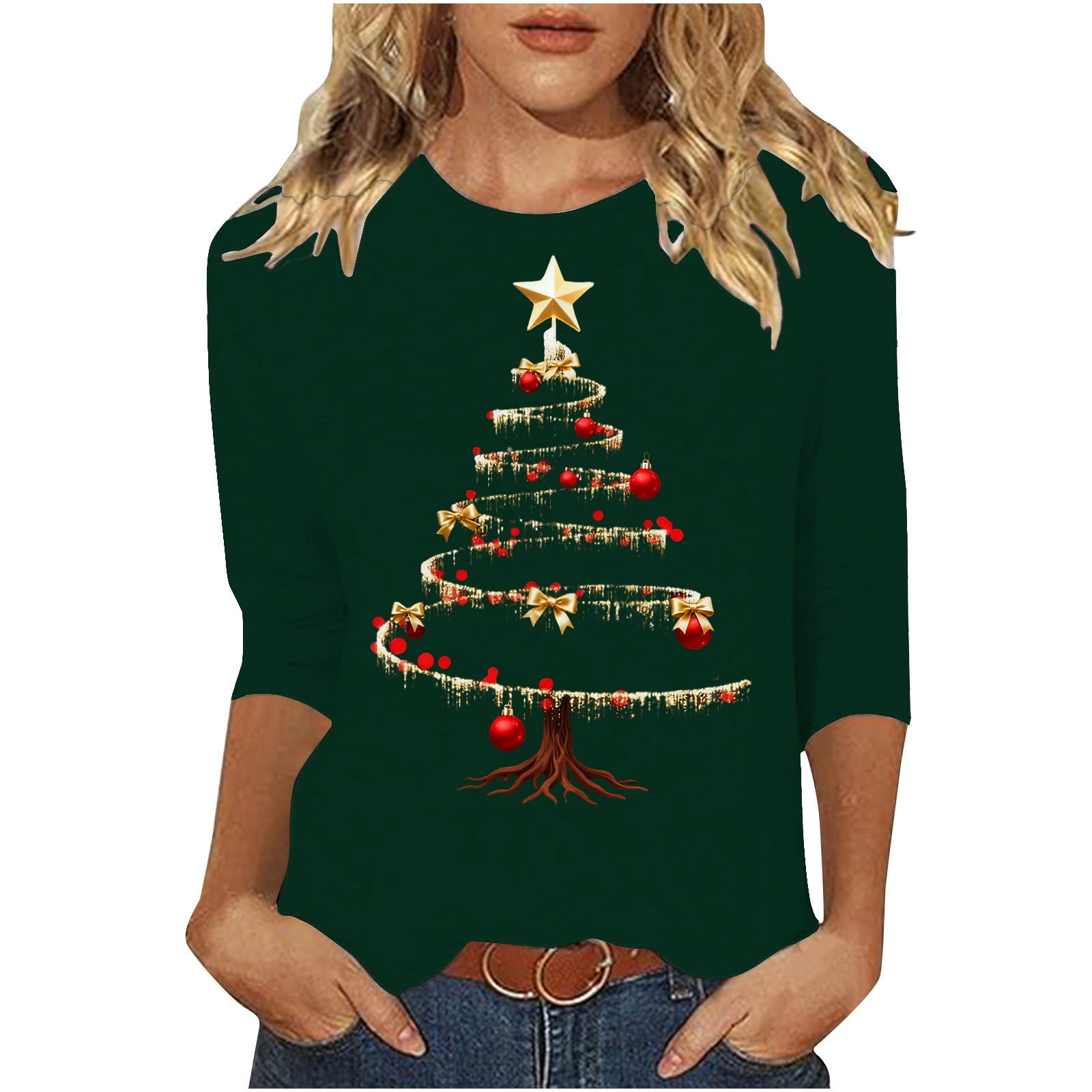 Dvprdro Womens Christmas Tops Fashion Round Neck 3/4 Sleeve T-shirt ...