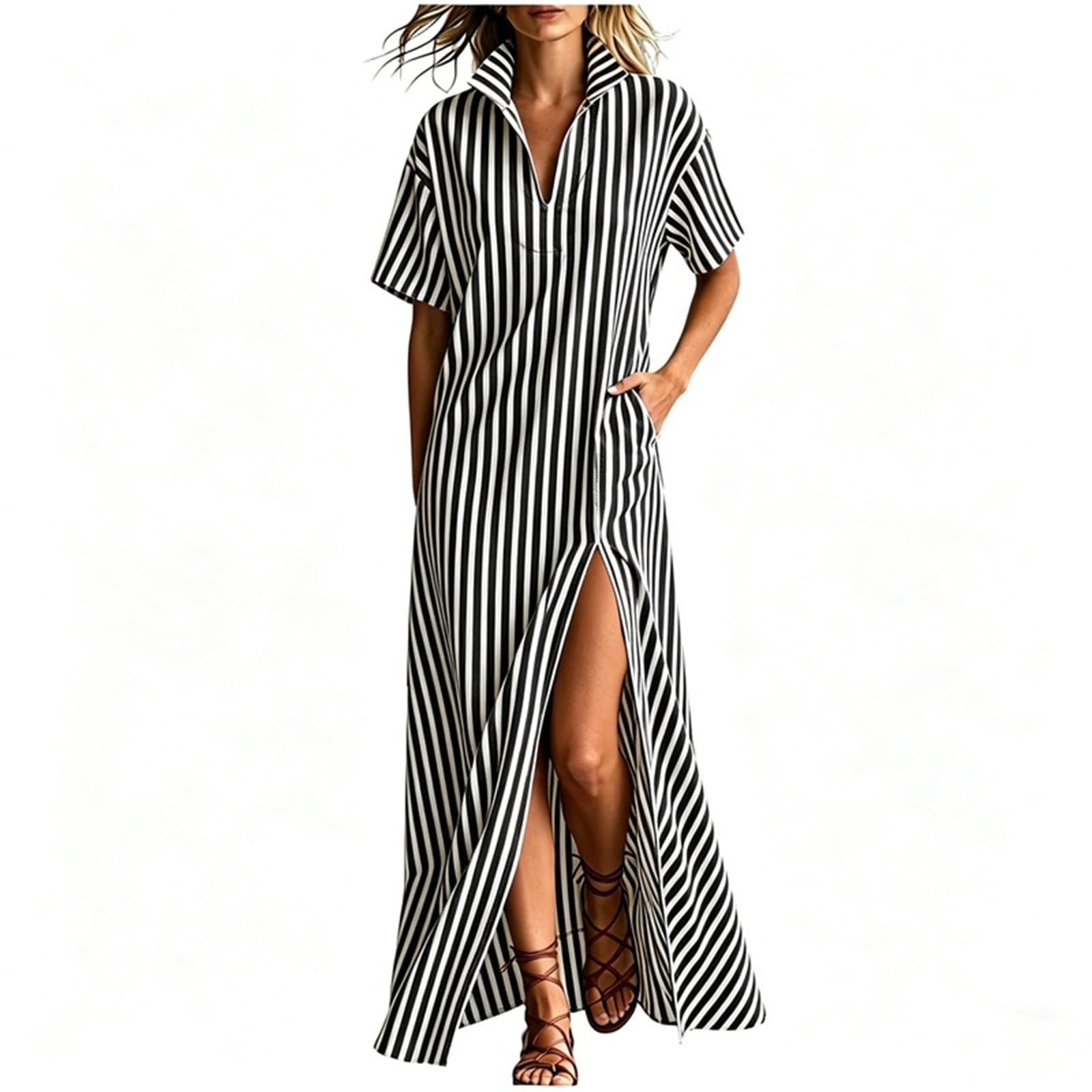 Dvprdro Womens Cotton Linen Collared Short Sleeve Stripe Print Side ...