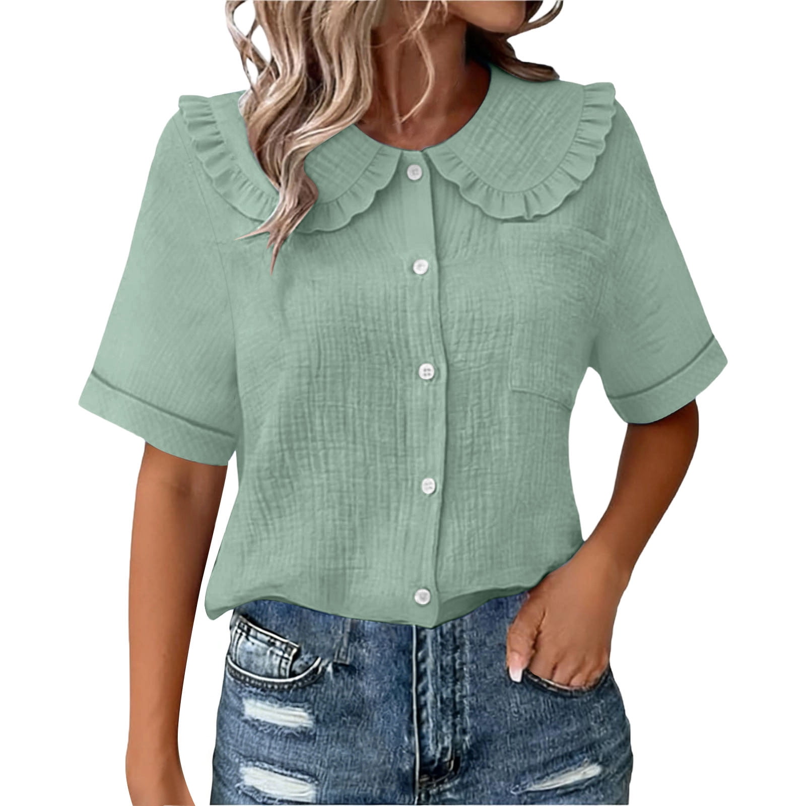 Dvprdro Womens Short Sleeve Button Front Tops Cotton Solid Collared ...