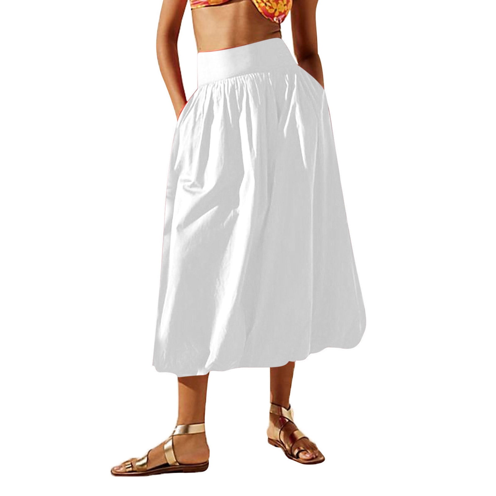 Dvprdro Womens Summer Flowy Boho Midi Skirt Elastic High Waist A Line ...