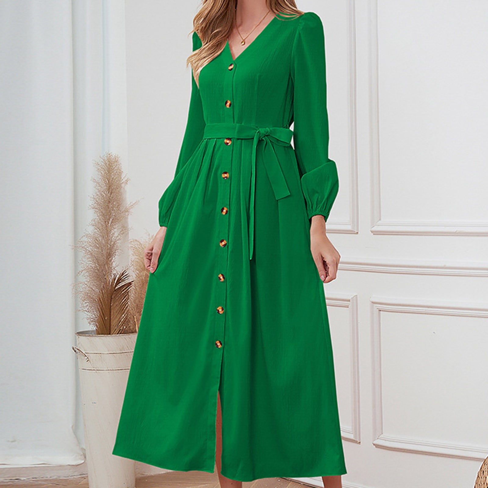 Dwaogom Women's Fashion Sexy Vintage V Neck Long Sleeve Solid Dresses ...